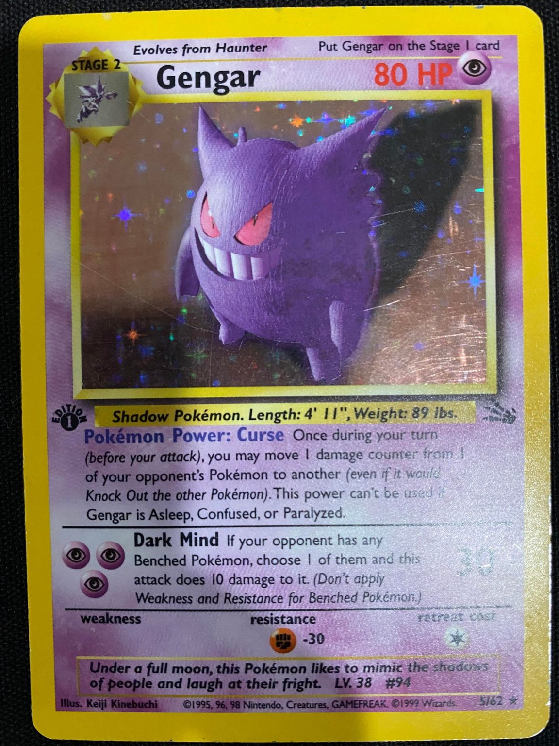 1999 Pokemon Fossil 1st Edition Gengar Holo 5 Of 62 | Jwong Boutique